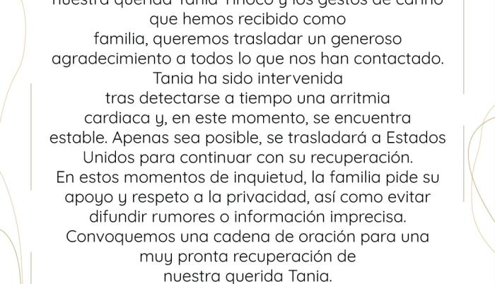 Tania Tinoco se encuentra estable y continuará su recuperación en EE.UU.